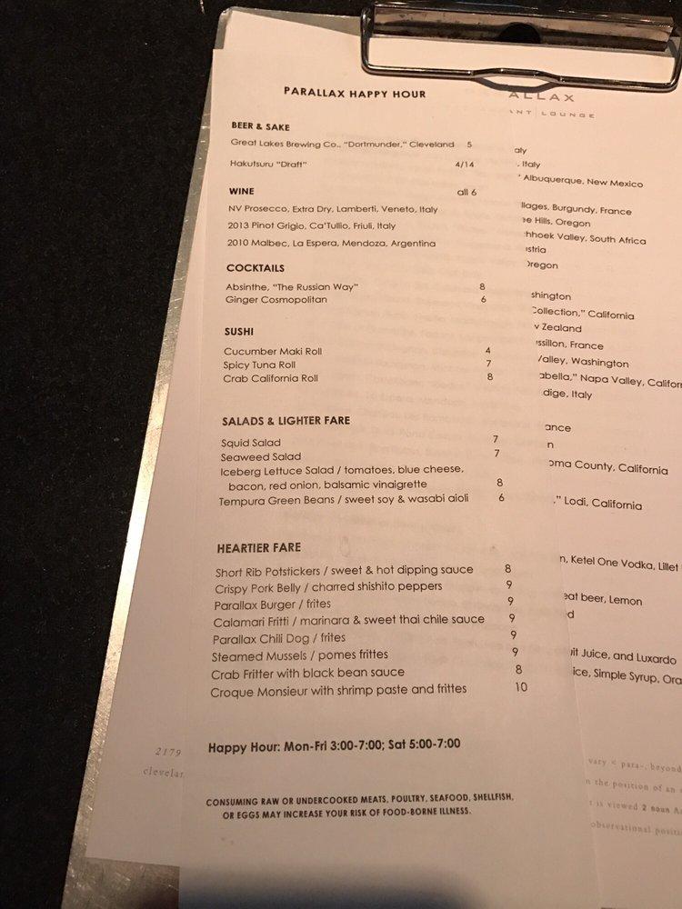 Menu at Parallax restaurant, Cleveland