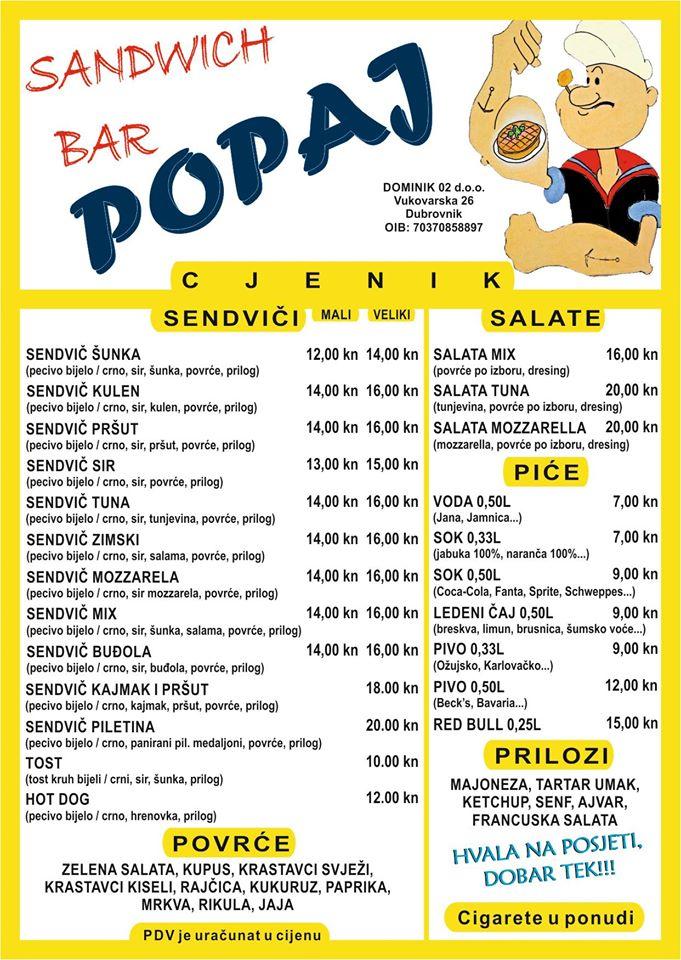 Menu at Popaj restaurant, Dubrovnik
