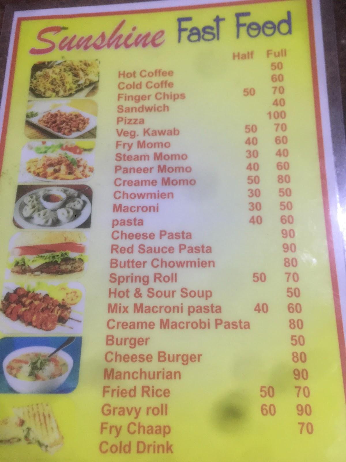 Menu at Sunil fast food, Rishikesh