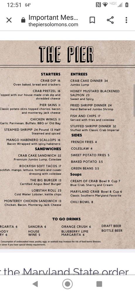 Menu at The Pier Restaurant (Solomons Island, MD), Solomons