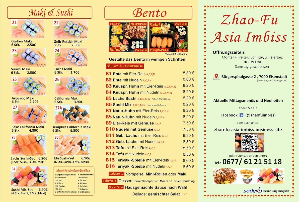 Speisekarte von ZHAO-Fu ASIA Imbiss restaurant, Eisenstadt