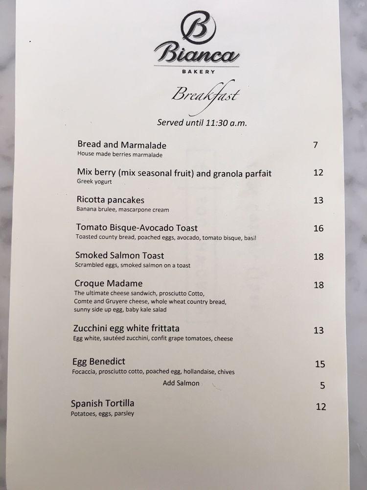 Carta del restaurante Bianca, Culver City