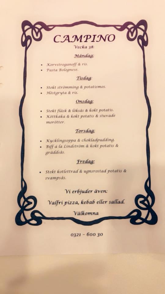 Menu at Campino restaurant, Sweden