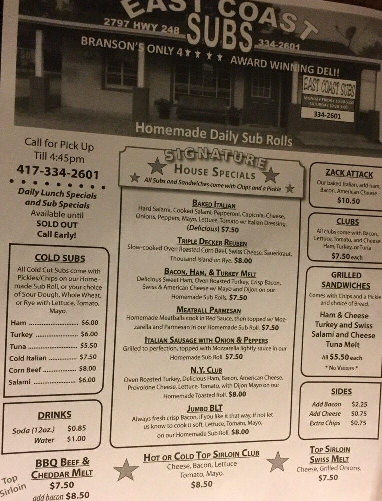 Menu at East Coast Subs restaurant, Branson, Bee Creek Rd