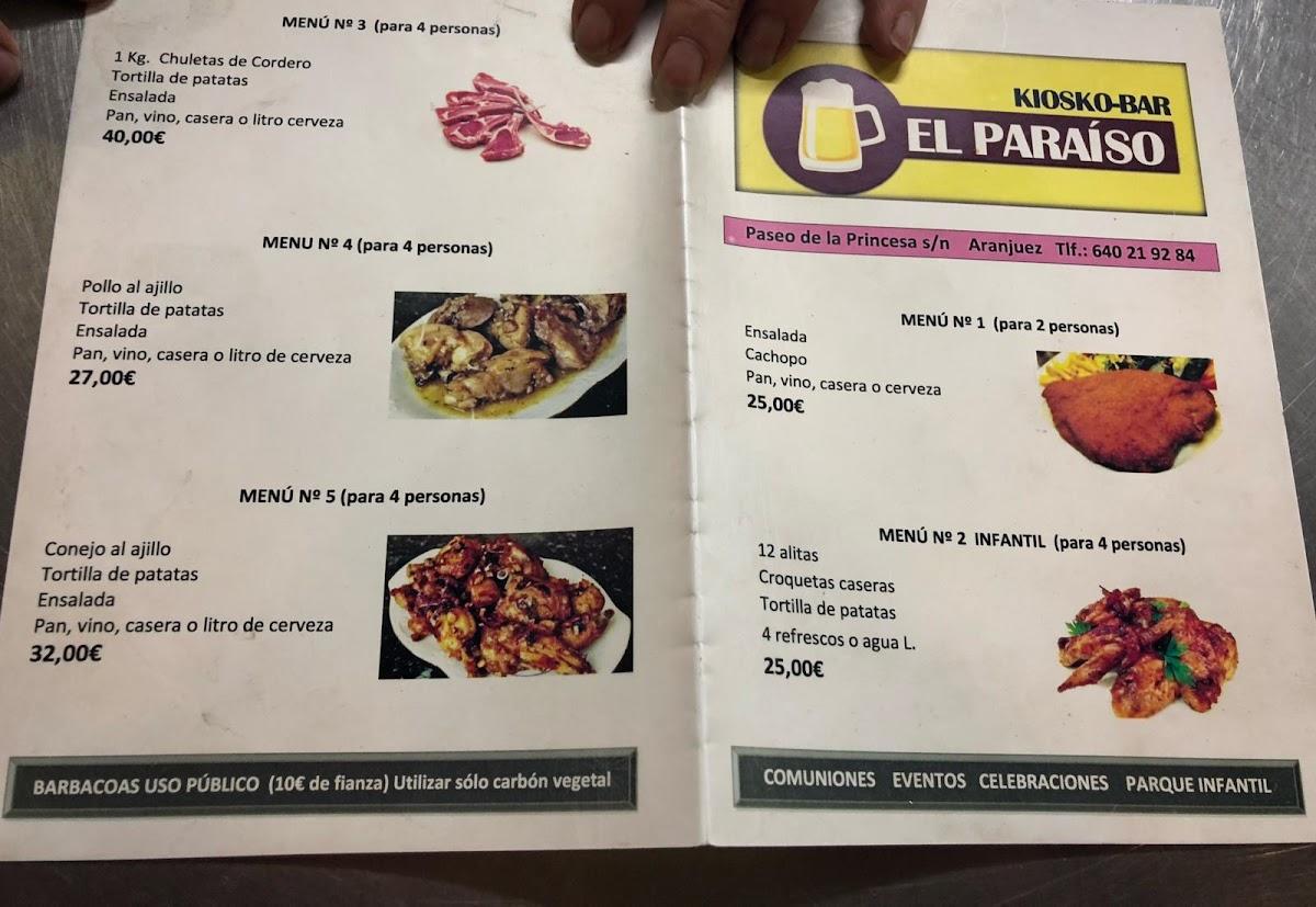 Carta del restaurante Kiosco El Paraíso, Aranjuez
