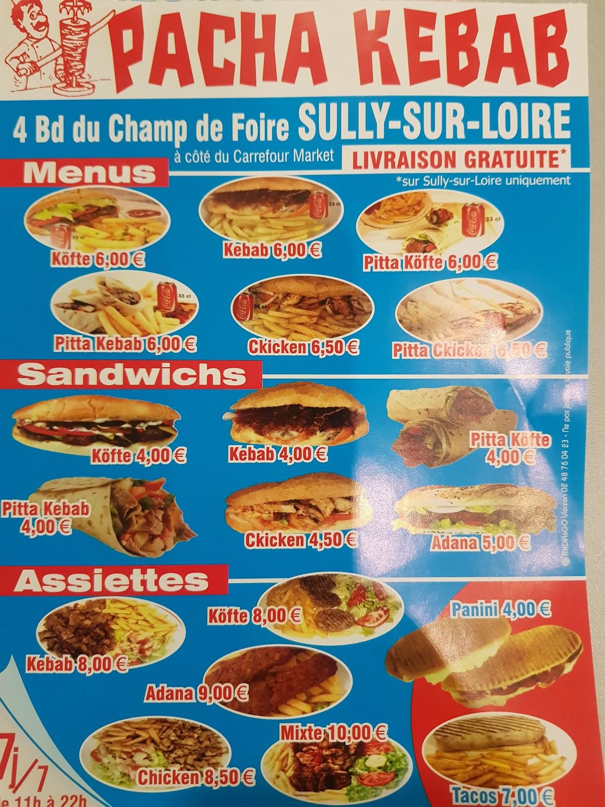 Menu at Le Pacha fast food, Sully-sur-Loire