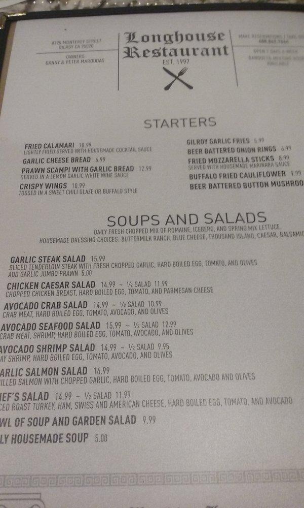 Menu at Longhouse Restaurant, Gilroy, Monterey Hwy