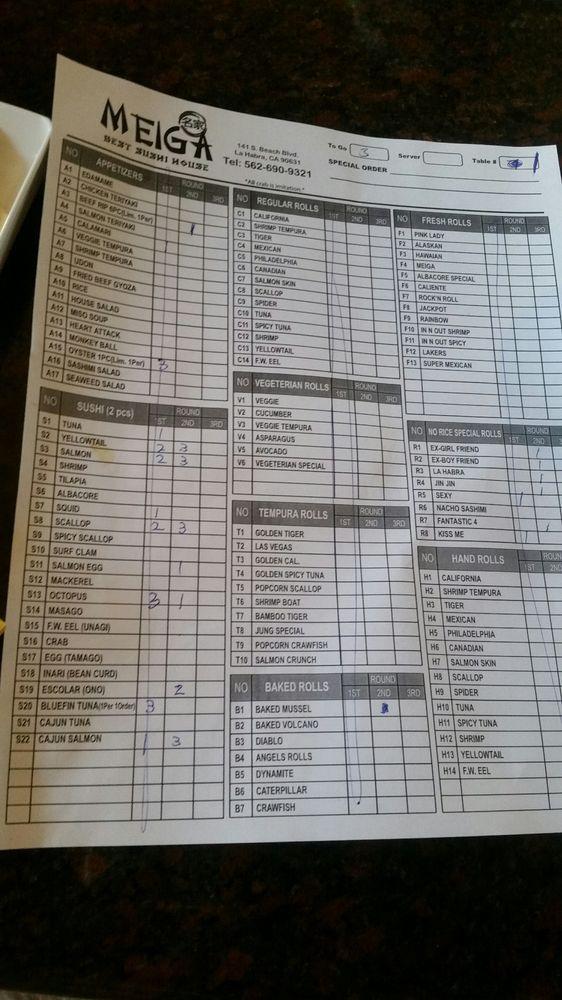 Menu at Meiga Sushi restaurant, La Habra, 141 S Beach Blvd