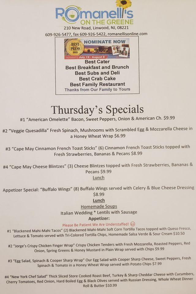 Menu at Romanelli's On the Greene pub & bar, Linwood