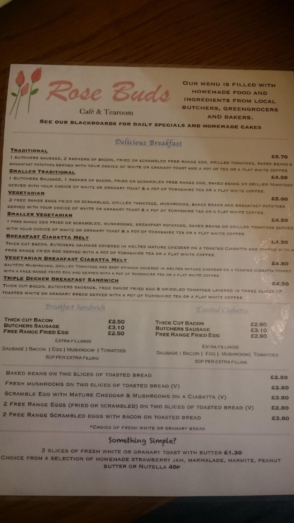 Menu at Rose Bud Cafe, Hitchin
