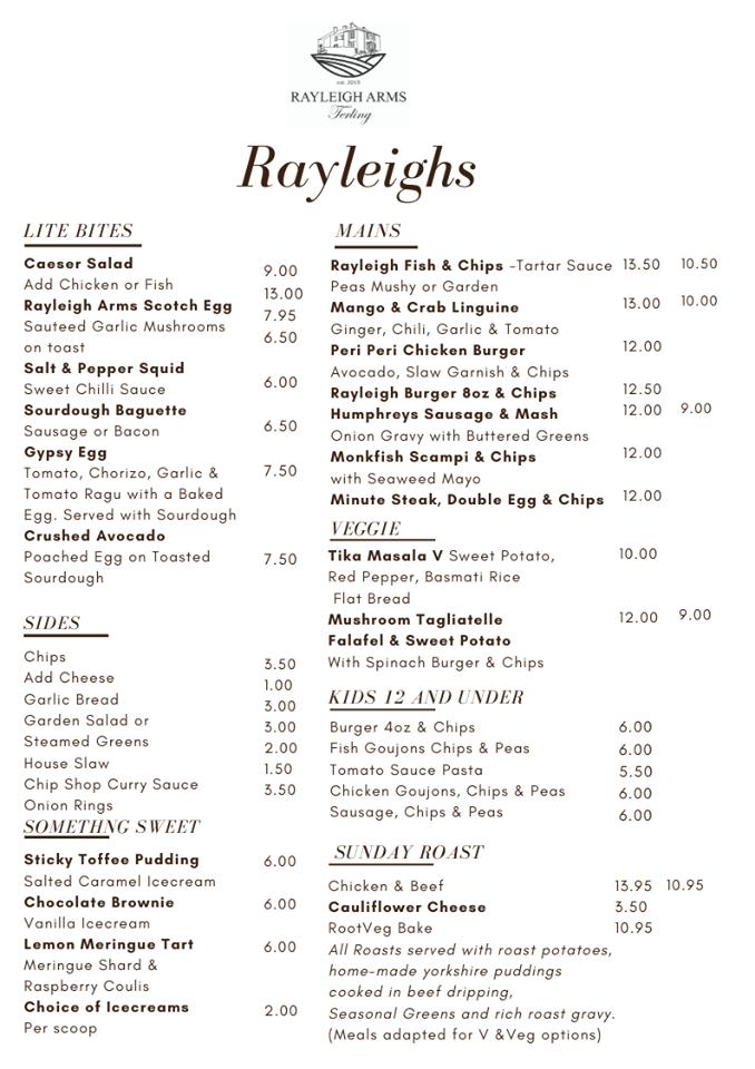 Menu at The Rayleigh Arms pub & bar, Terling