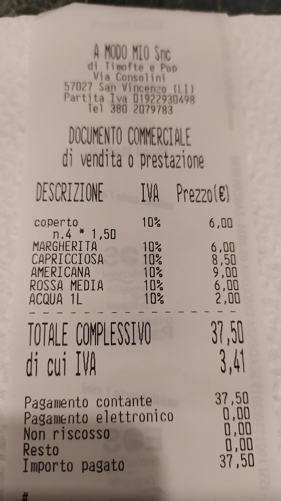 Speisekarte von A Modo Mio restaurant, San Vincenzo