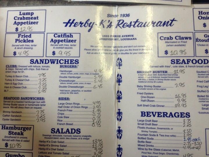 Menu at Herby-K's restaurant, Shreveport