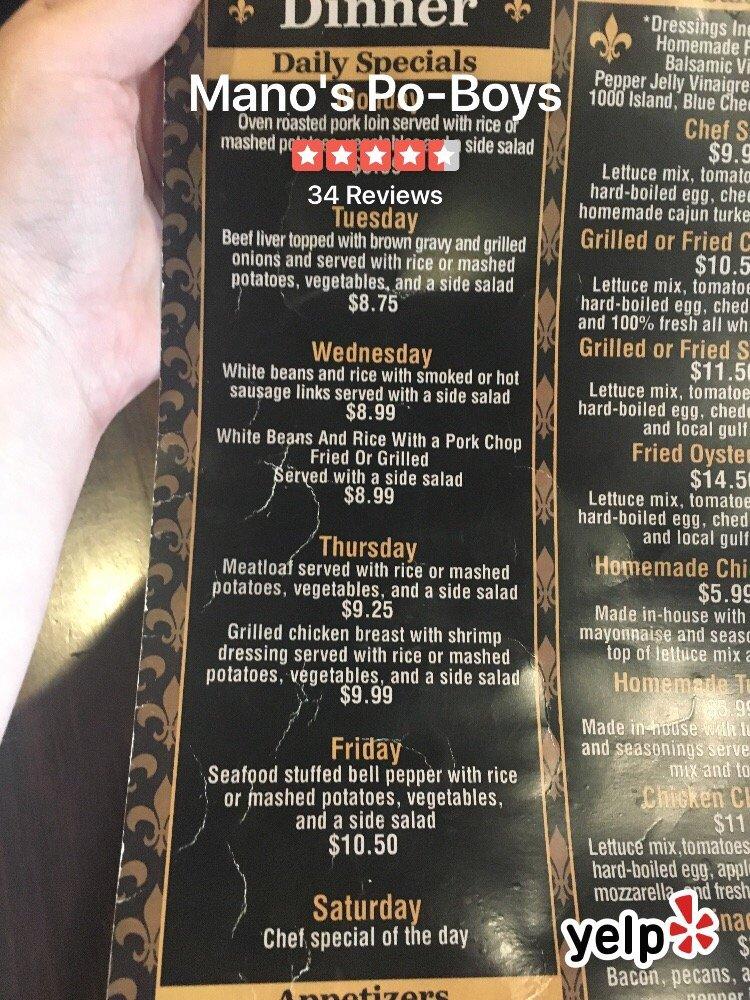 Menu at Mano's Po-Boys restaurant, Metairie