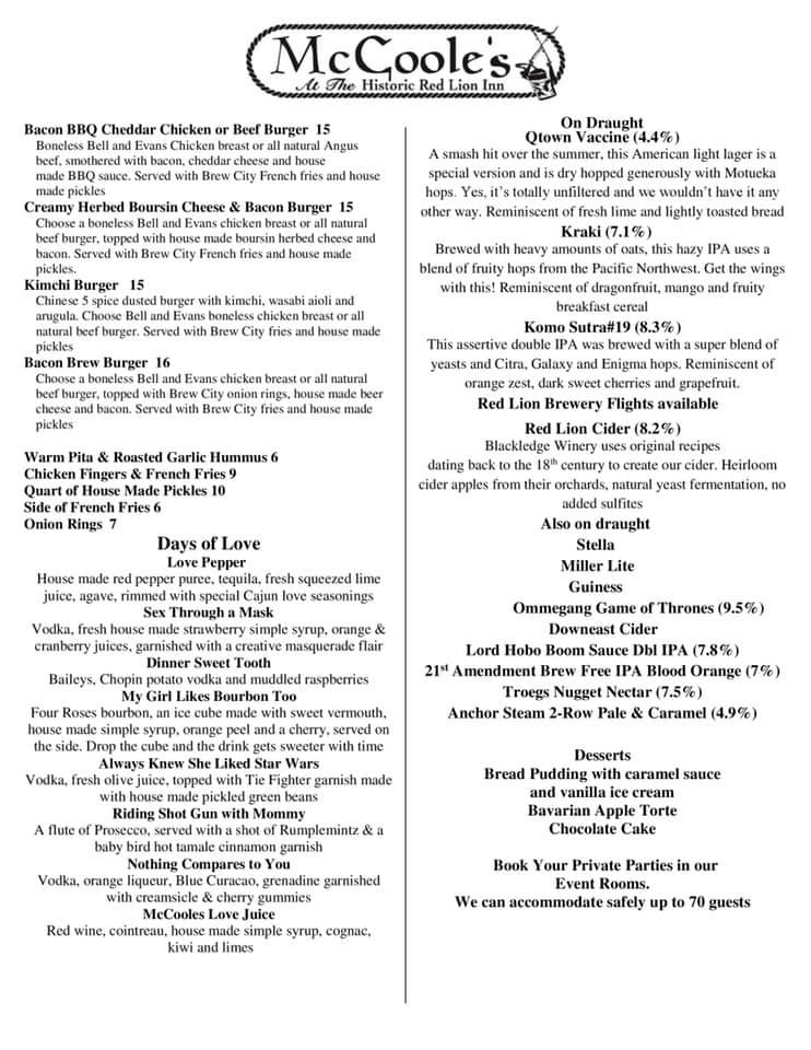 Menu at McCoole's at the Historic Red Lion Inn pub & bar, Quakertown