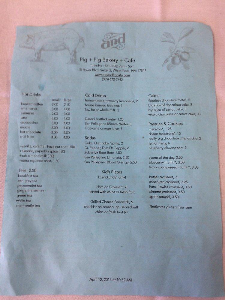 Menu at Pig and Fig Cafe, White Rock