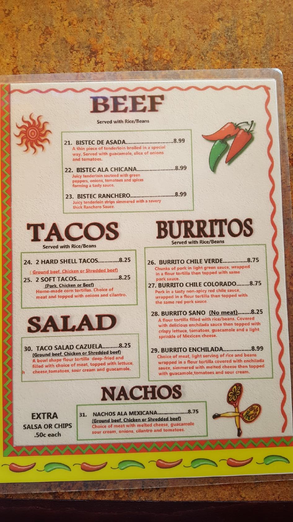 Menu at Taqueria Mexicana restaurant, Toppenish