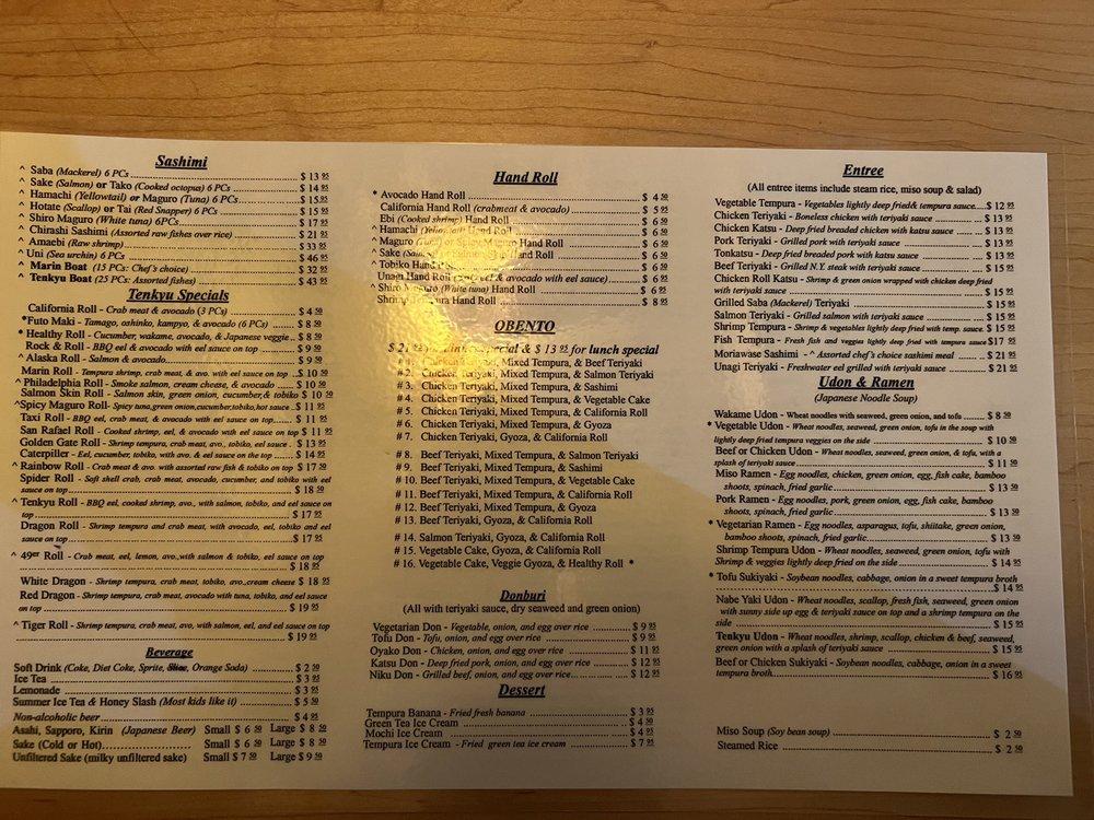 Menu at Tenkyu restaurant, San Rafael