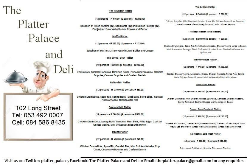 Menu at The Platter Palace and Deli restaurant, Kimberley