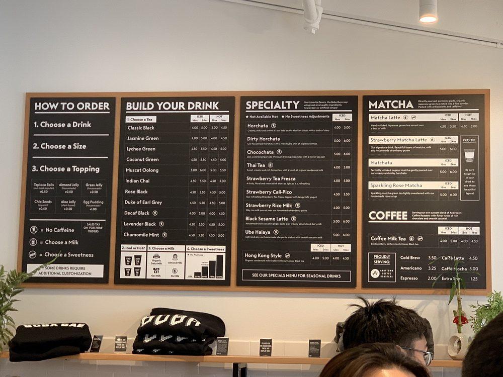 Menu at Boba Guys restaurant, Palo Alto