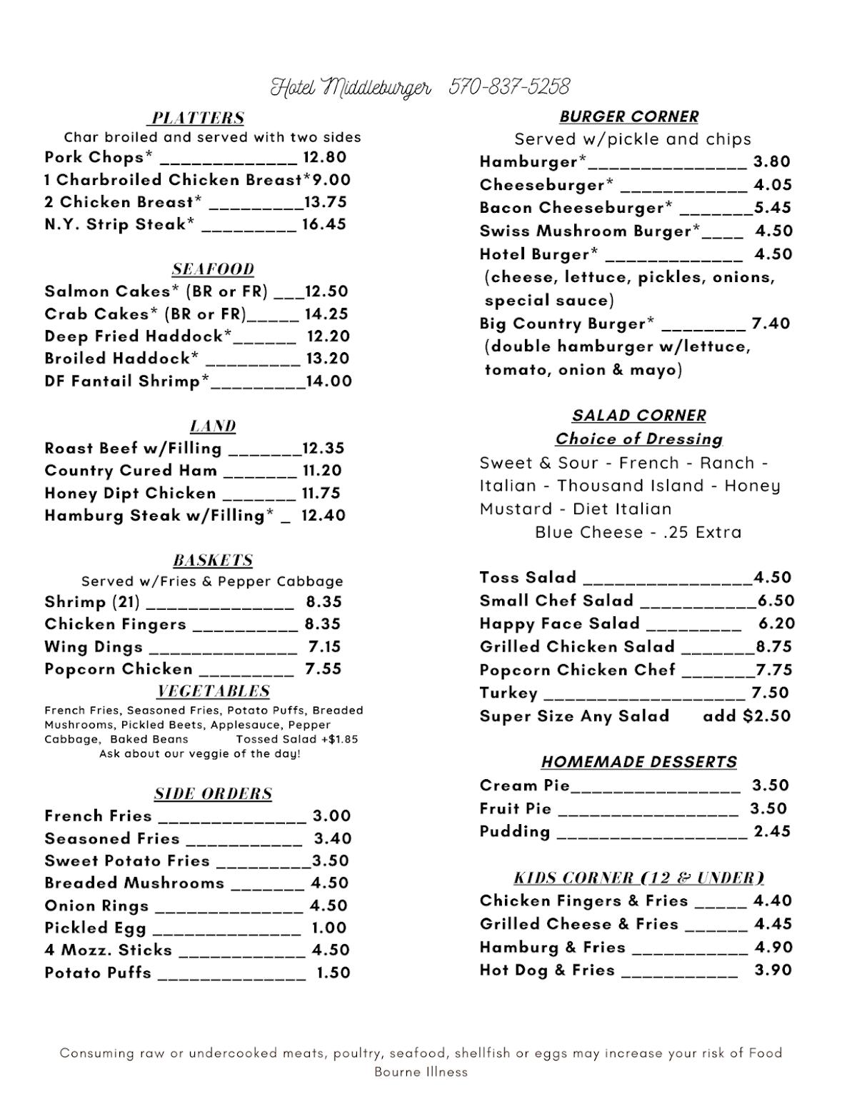 Menu at Hotel Middleburger restaurant, Middleburg