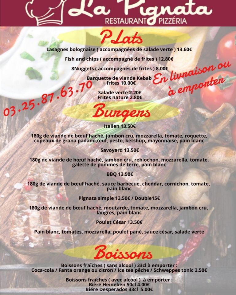 Menu au La Pignata pizzeria, Langres