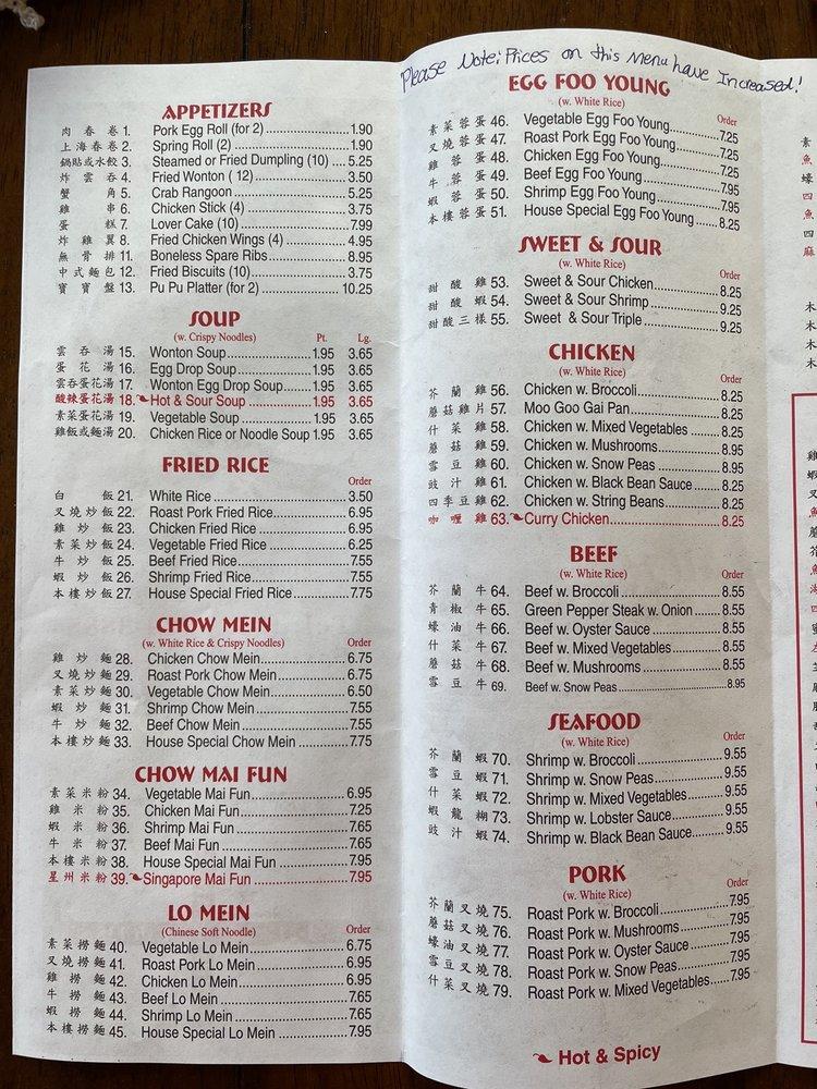 Menu at Shan Chinese buffet restaurant, Monteagle
