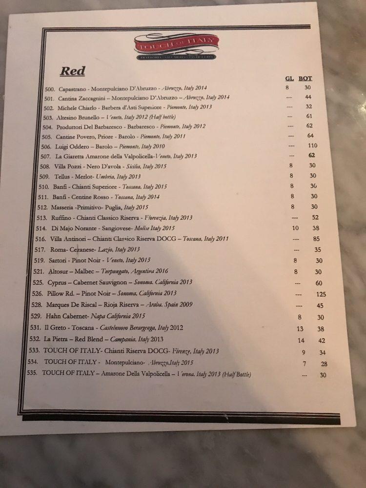 Menu at Touch of Italy restaurant, Ocean City
