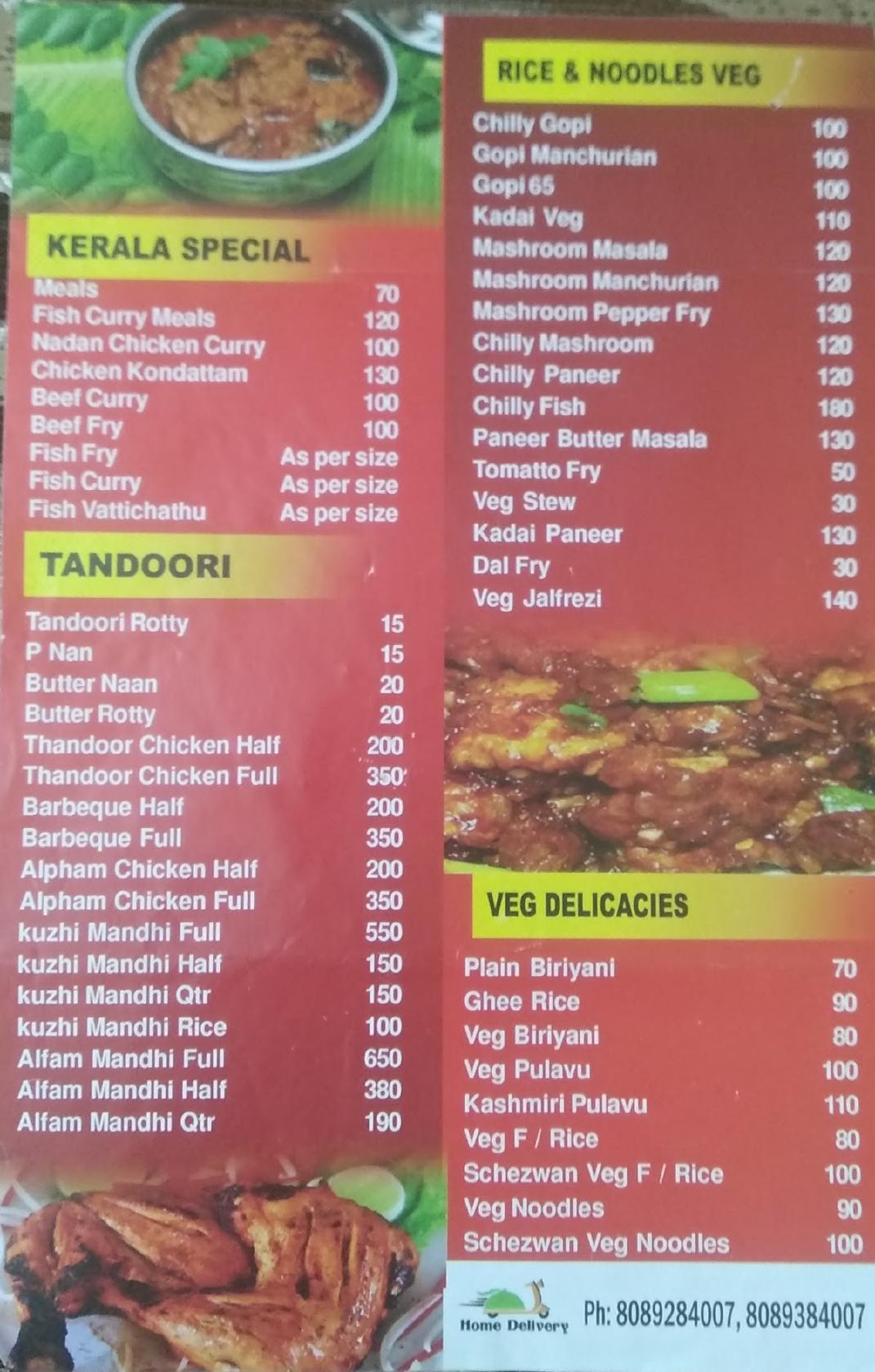 Menu at Venus Hotel, Chalakudy