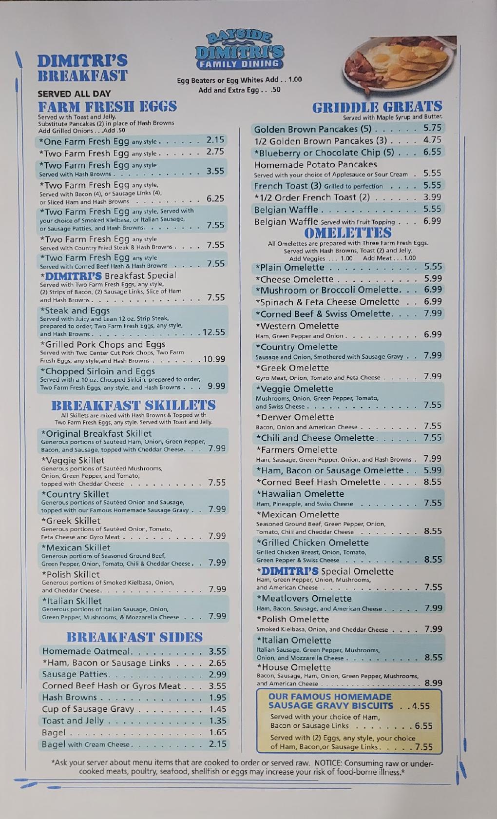 Menu at Bayside Dimitri's Family Dining restaurant, New Baltimore, 23 ...