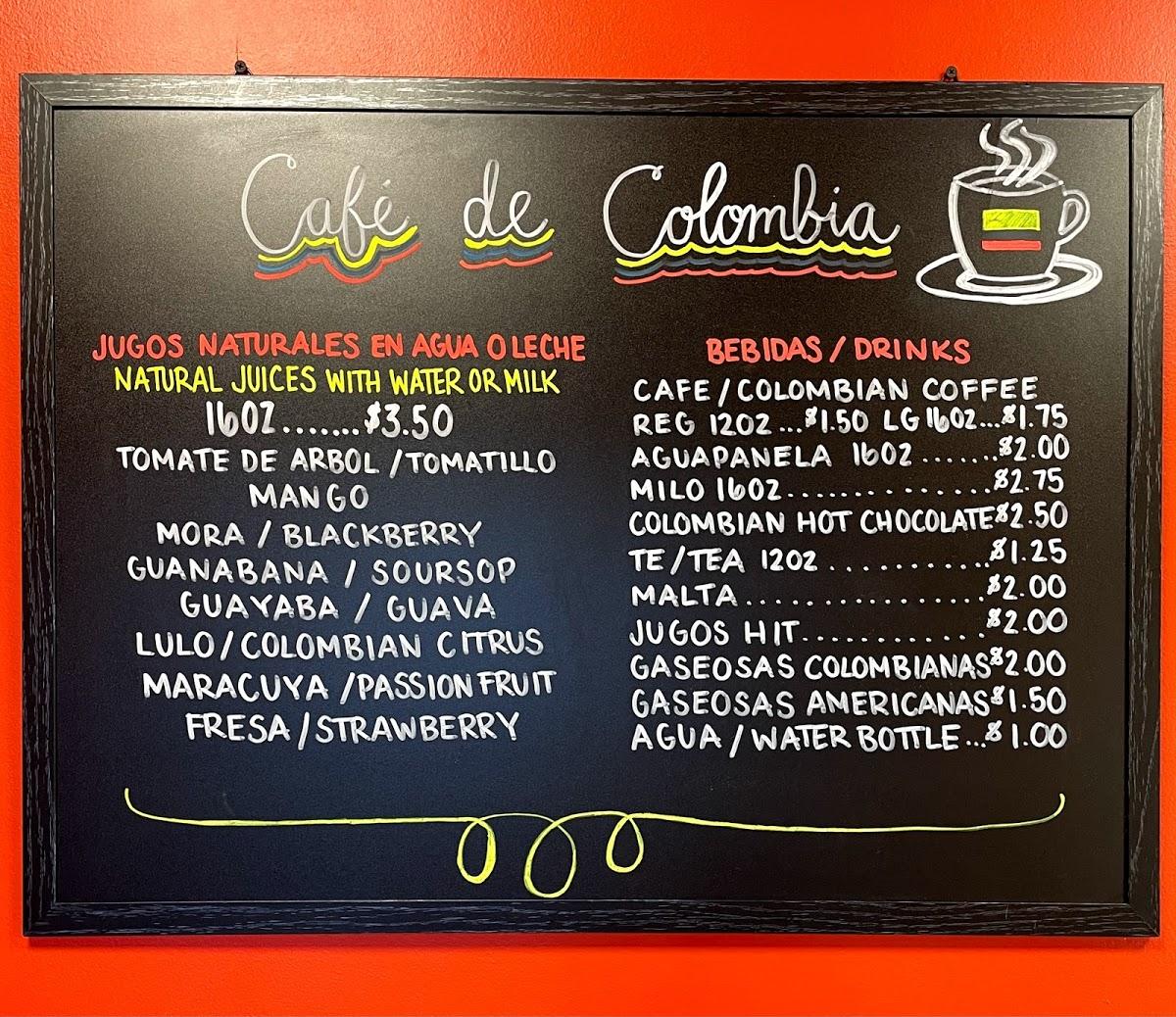 Menu at Café de Colombia Restaurant and Bakery, Reading