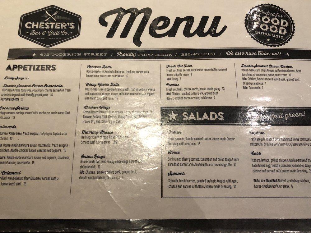 Menu at Chester's Bar & Grill Co., Saugeen Shores