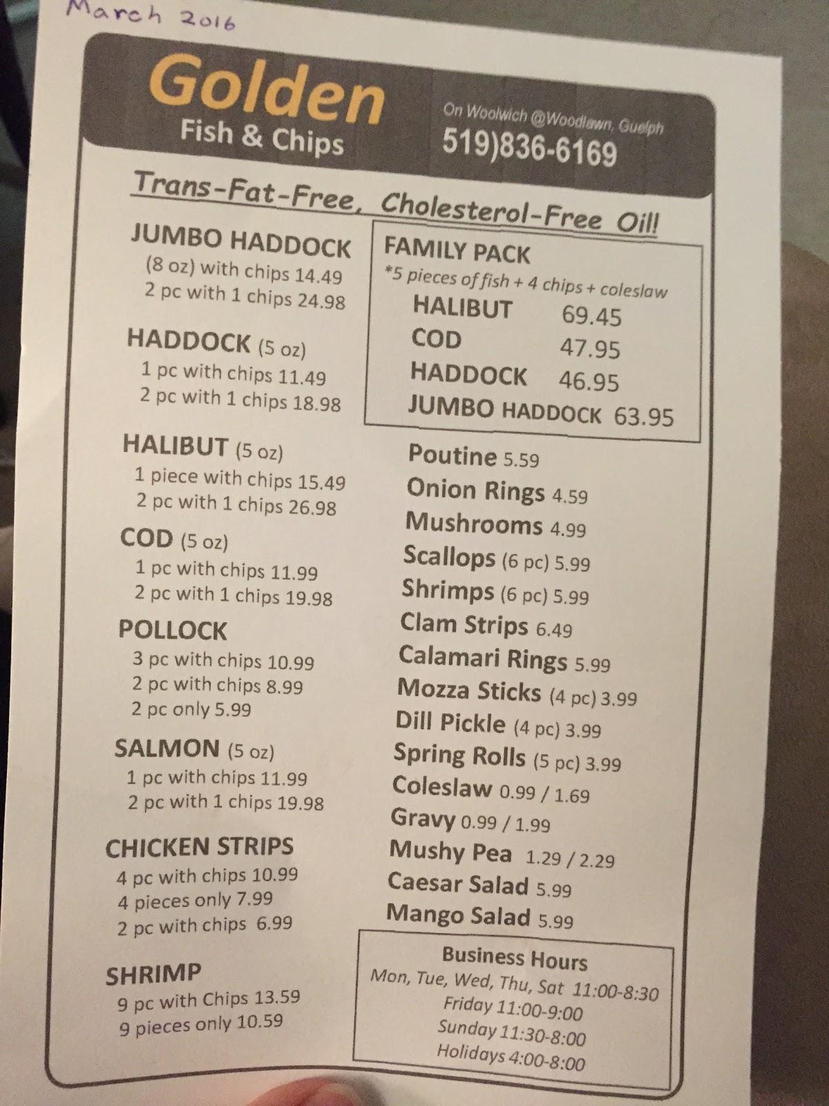 Menu at Golden Fish & Chips Woolwich restaurant, Guelph, 787 Woolwich St