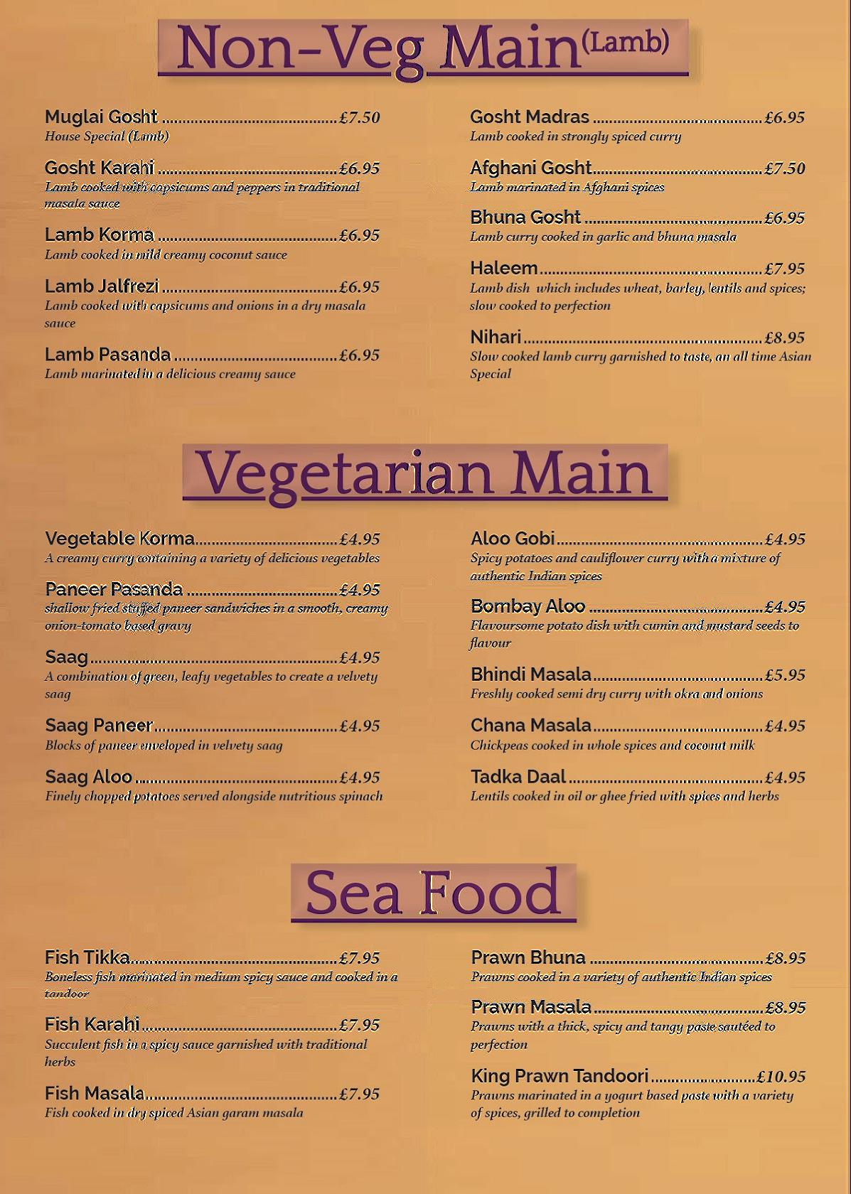 Menu at Indus Valley Cuisine restaurant, London