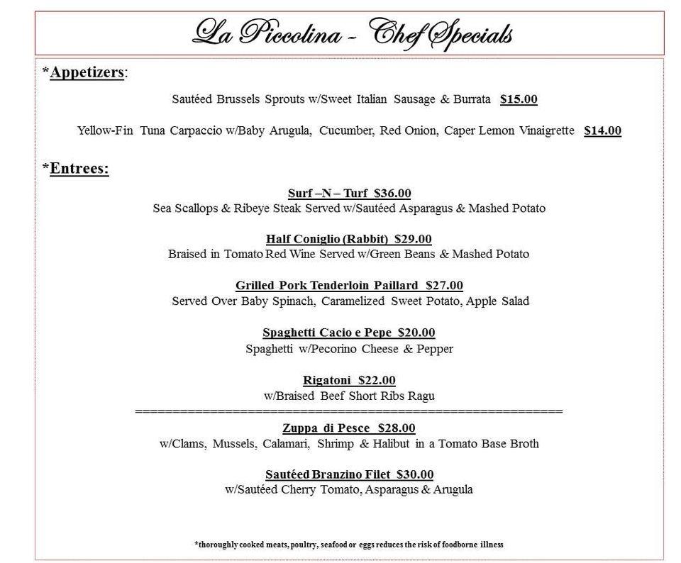Menu at La Piccolina restaurant, New Milford, 27 Main St