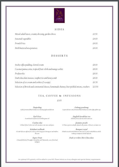 Menu at Lords Of The Manor Hotel restaurant, Upper Slaughter