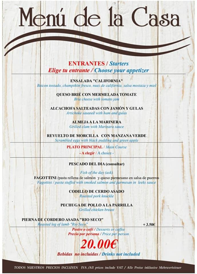 Menu at Mesón Rio Seco restaurant, Pinar de Campoverde