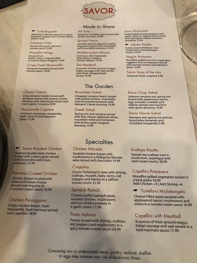 Menu at Savor Restaurant, Carmel, 211 W Main St Suite 102