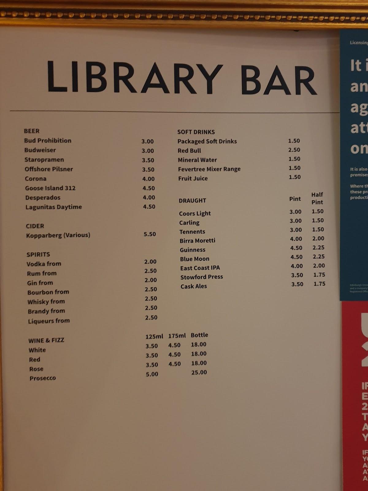 Menu at The Library Bar, Edinburgh, 13 Bristo Pl