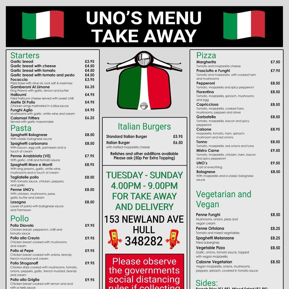 Menu at Uno's Trattoria Pizzeria, Hull