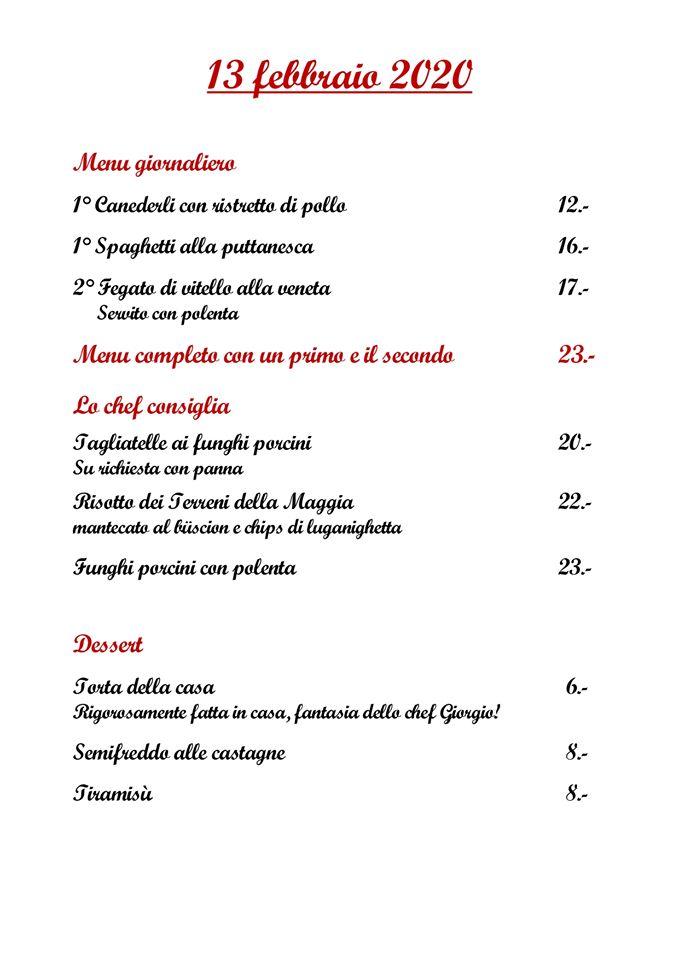 Menu at Ristorante Casa del Popolo, Bellinzona