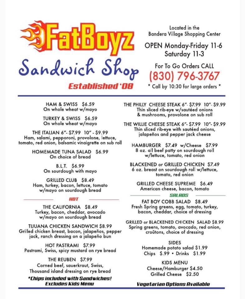 Menu at Fatboyz Sandwich Shop restaurant, Bandera