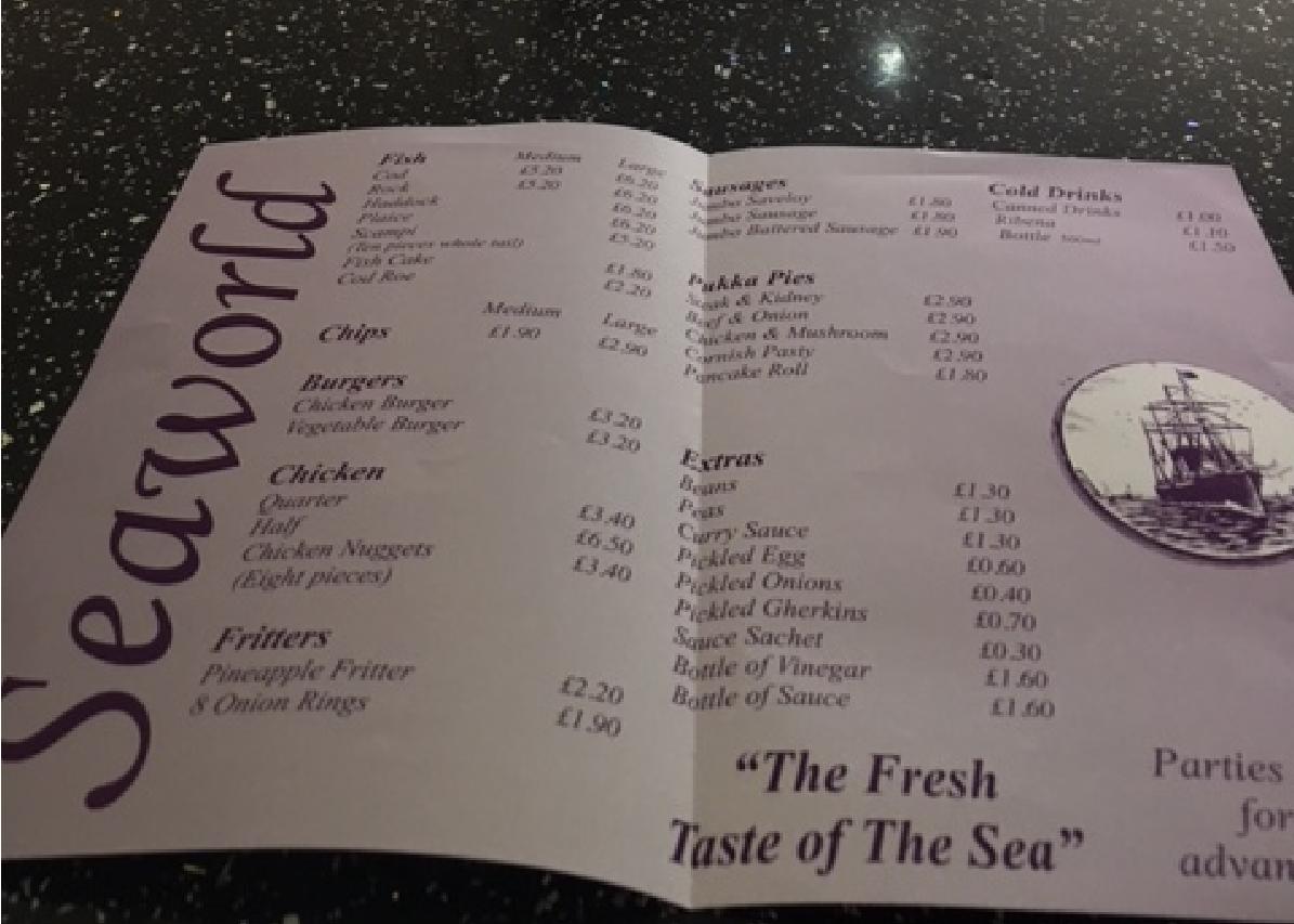 Menu at Sea World Fish 'N' Chips restaurant, Amersham
