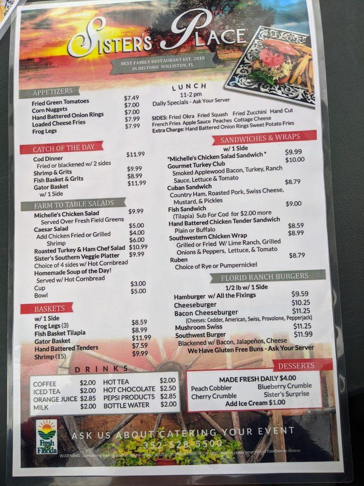 Menu at Sister's Place restaurant, Williston