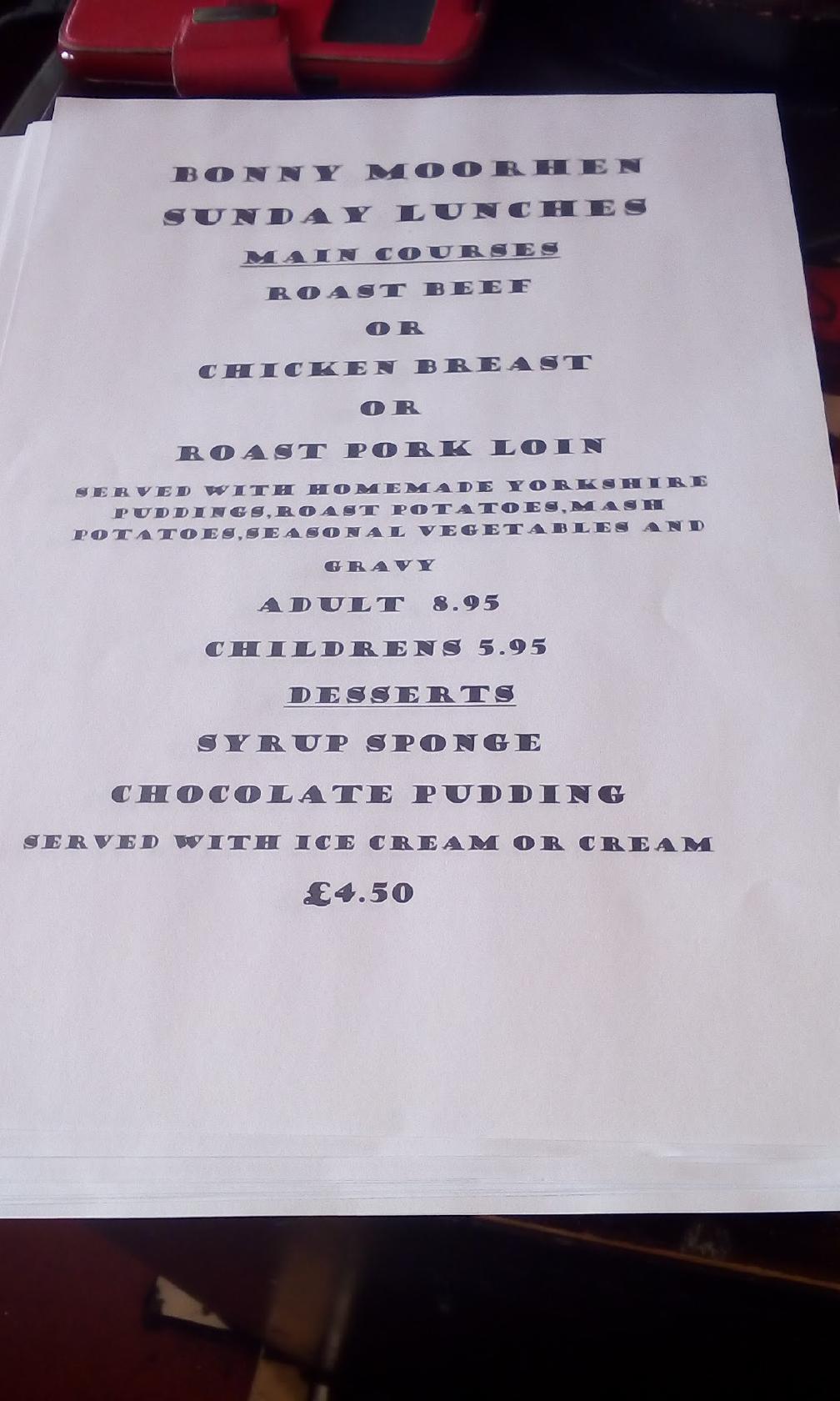 Menu at The Bonny Moorhen pub & bar, Stanhope
