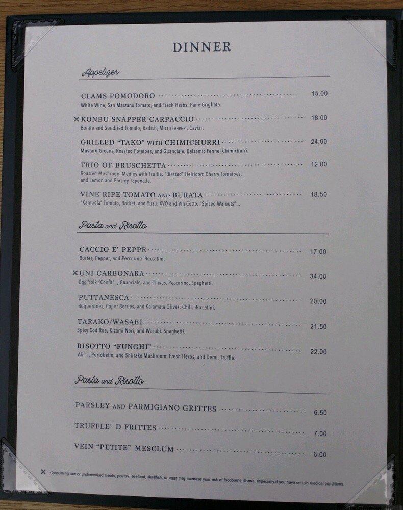 Menu at vein at KAKA'AKO restaurant, Honolulu