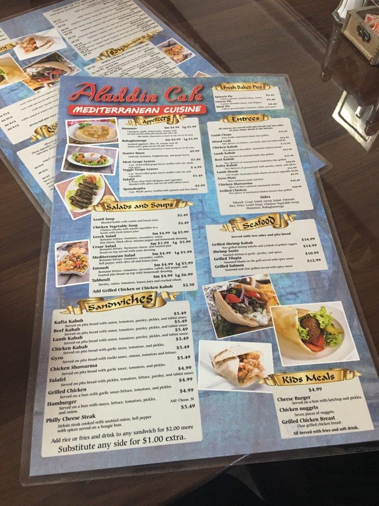 Menu at Aladdin Cafe, Crowley