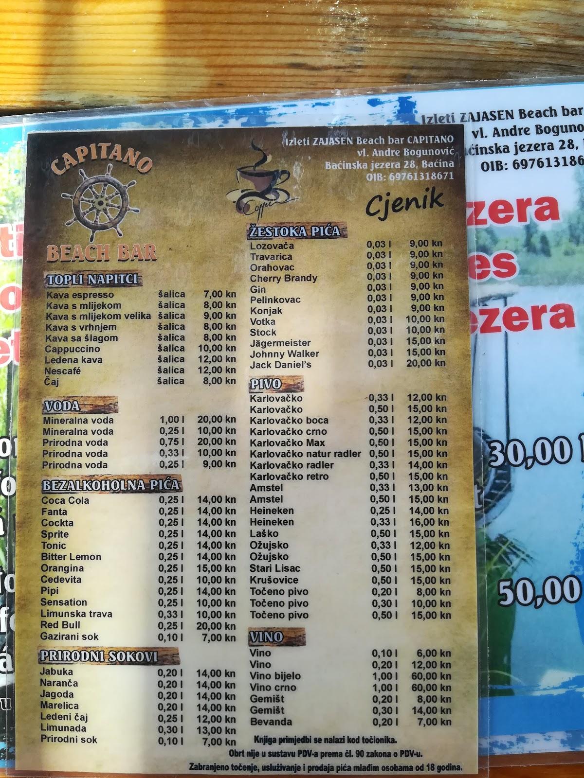 Menu at Beach Bar Capitano, Baćina