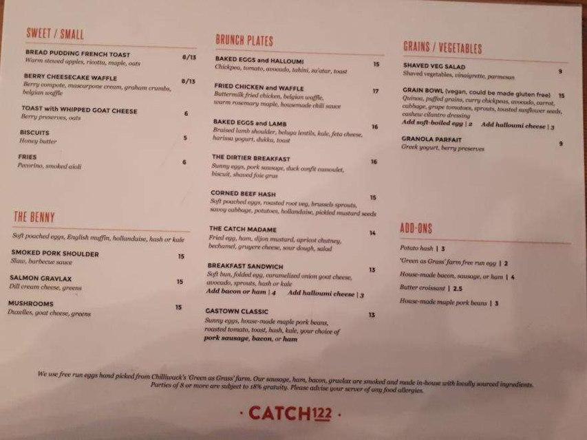Menu at Catch 122 restaurant, Vancouver