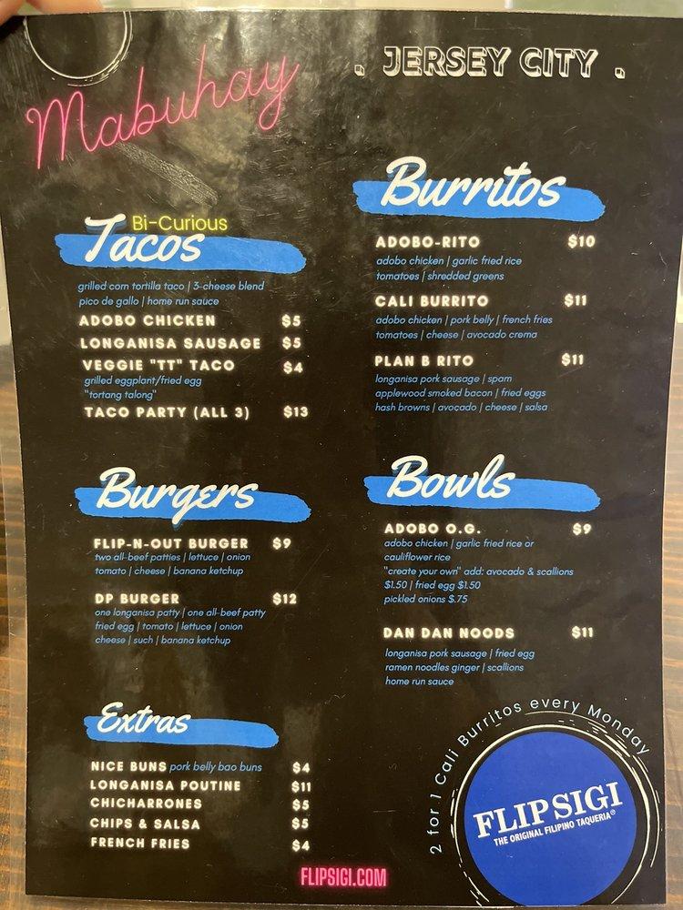 Menu at Flip Sigi restaurant, Jersey City